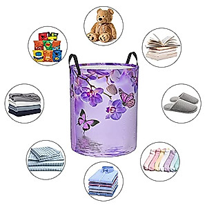 FeHuew Purple Flowers Butterfly on Water Collapsible Laundry Basket with Handle Waterproof Fabric Hamper Laundry Storage Baskets Organizer Large Bins for Dirty Clothes,toys,Bathroom