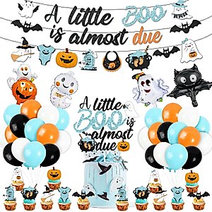 53Pcs Blue Halloween Baby Shower Decorations Include A Little Boo is Almost Due Banner Ghost Bat Monster foil Balloons Cake Topper and Latex Balloons for kids Halloween Boo Baby Shower Party Supplies