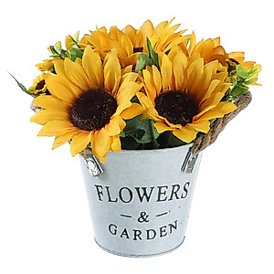 AngelUU Artificial Sunflower Pot, Fake Bonsai Plants in Metal Potted, Silky Artificial Flowers for Stage Garden Wedding Windowsill Décor, Sunflower-A