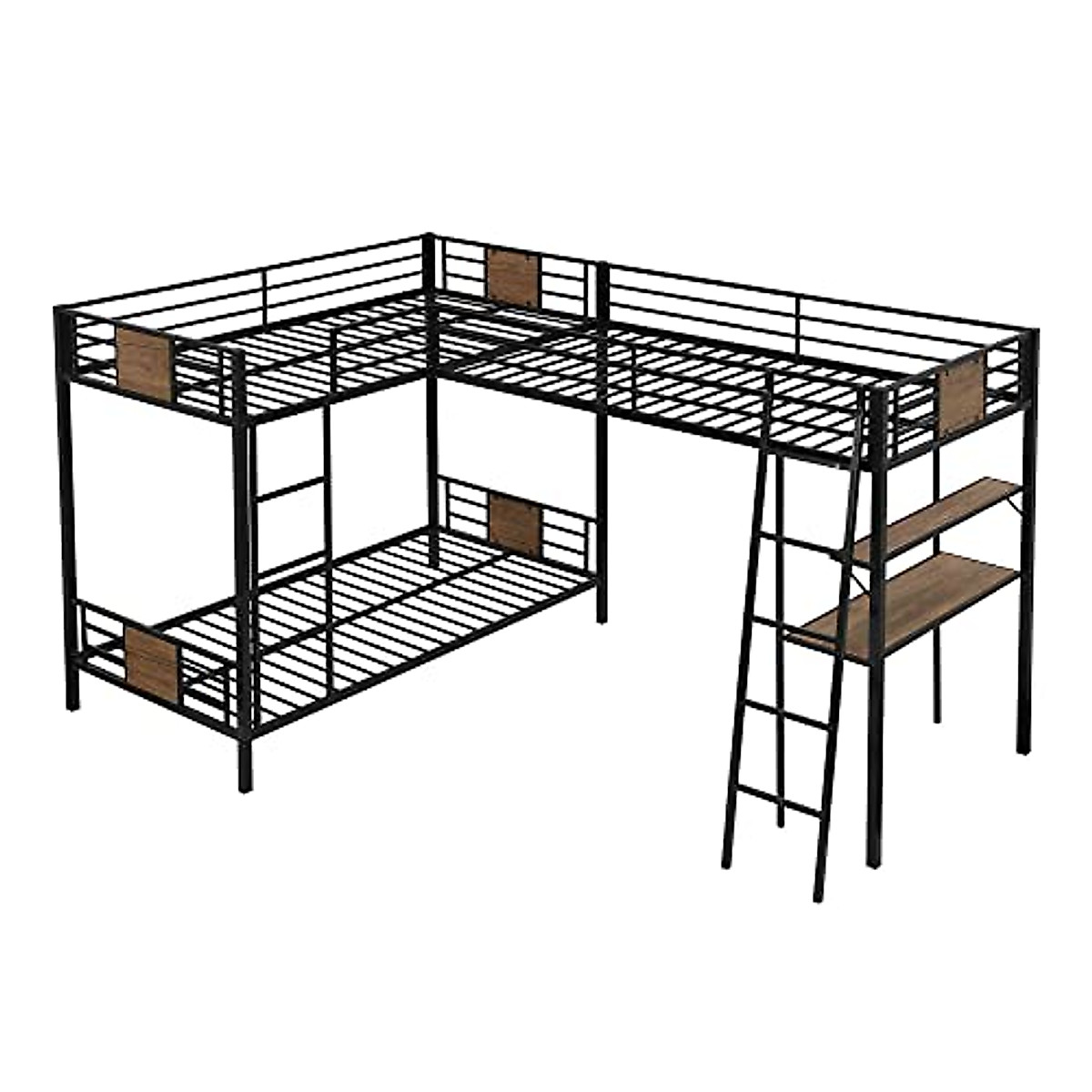 Cotoala Metal Triple Bunk Bed with Desk and Shelf, L-Shaped Bunkbed Attached Twin Size Loft Bedframe, for 3 Kids/Teens/Adults, Brown