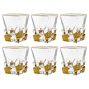 Barski - European Quality Glass - Crystal - Set of 6 - Square Shaped - Double Old Fashioned Tumblers - DOF - Tumbler is 11.7 oz. - with Matte Gold Ice Cubes Design - Glasses are Made in Europe