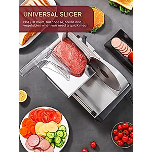 FOHERE 200W Meat Slicer for Home Use, Electric Food Slicer with Two 7.5" Sharp Stainless Steel Blade(Serrated + Smooth) & 0-15mm Precise Thickness Cut Deli Food, Meat, Bread, Fruit, Vegetable, Silver