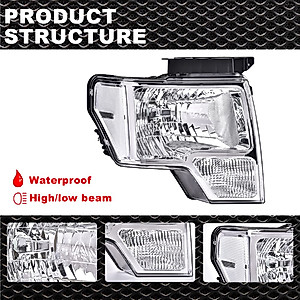 CNNELL Headlights Compatible with 2009 2010 2011 2012 2013 2014 Ford F150 Replacement Headlamps Pair Left+Right Not fit LED style,Only fit w/o LED style(Clear lens Chrome Housing Clear Reflector)