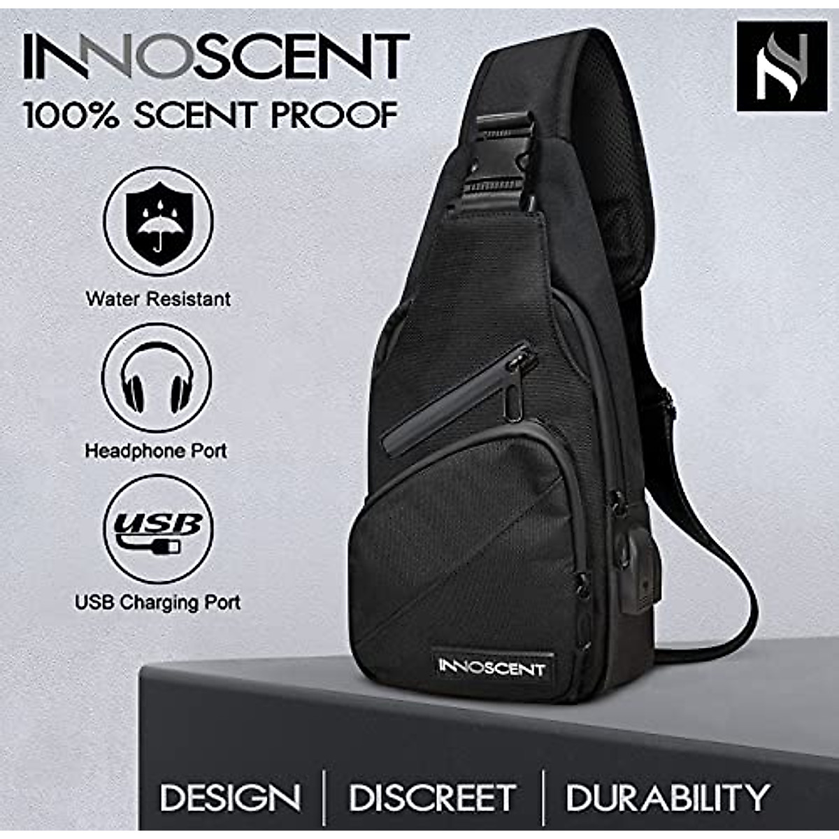 INNOSCENT Smell Proof Sling Bag Backpack - COMBINATION LOCK - Shoulder Crossbody Bag With USB/Headphone Charging Port Black (Black)