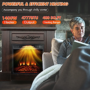 Tangkula 32’’Electric Fireplace with Mantle, Freestanding Fireplace Heater w/ 3D Realistic & Adjustable Flame, Remote Control, Overheat Protection, 1400 W Wooden Fireplace Mantel for Home (Brown)