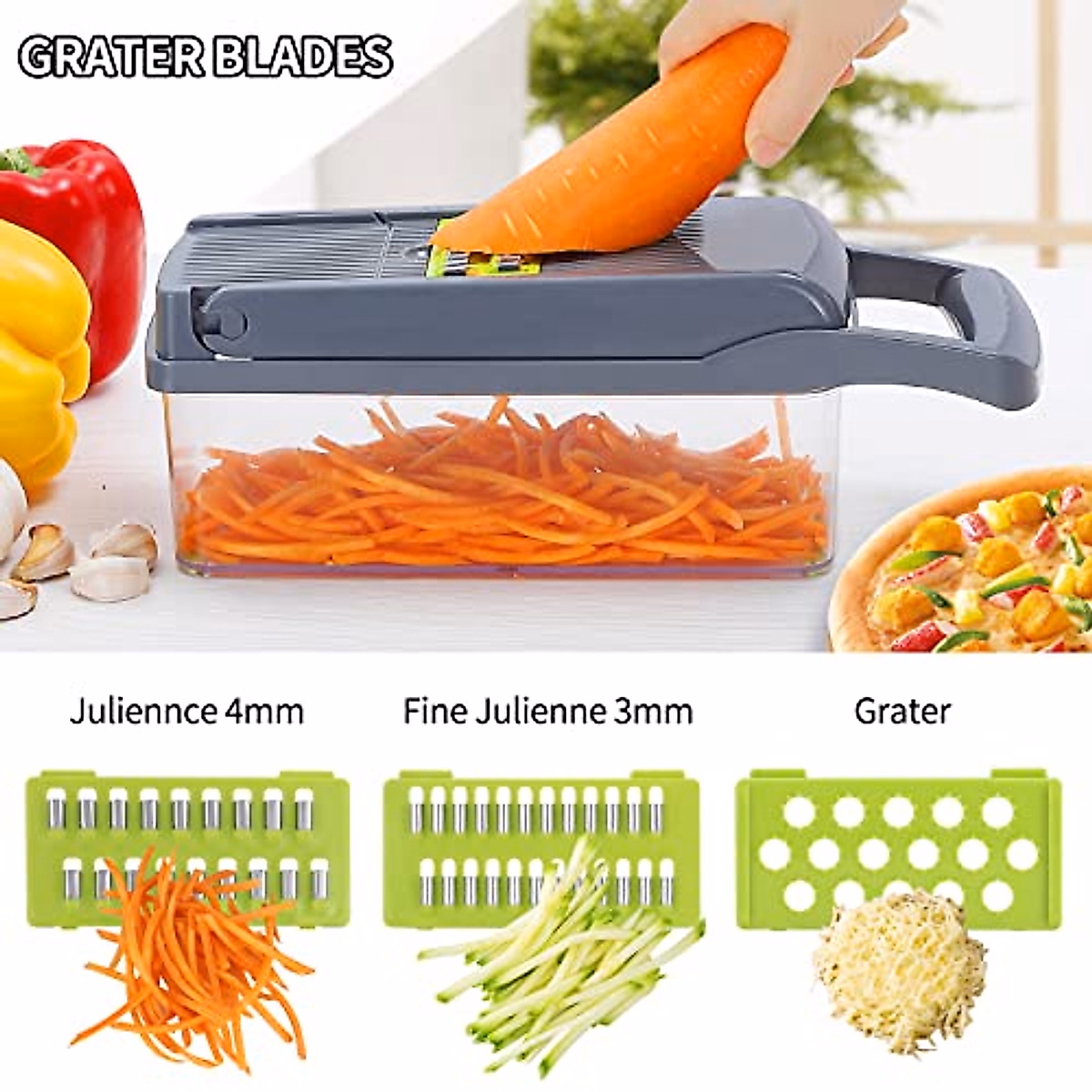 Vegetable Chopper with Container, 12-in-1 Multifunctional Veggie Chopper, 7 Blade Onion Chopper, Vegetable Cutter, Slicer, Grater, Mandolin Slicer with Container, Time-saving Kitchen Gadgets (Gray)