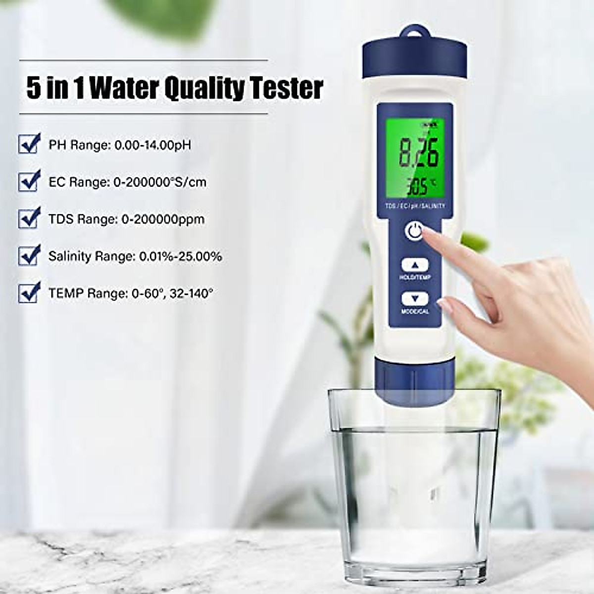 Digital Water Detector, Stable Measuring Water Quality Tester PH Salinity Temp TDS EC IP67 Waterproof for Aquarium