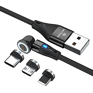RETTOPS 540°, 7 pin Rotation USB Magnetic Charging Cable, 3 in 1 Charger [4-Pack, 3ft/3ft/6ft/6ft] 3A Fast Charging Cable Support Data Transfer Magnetic Charger Cable for iPhone/Micro USB/Type C
