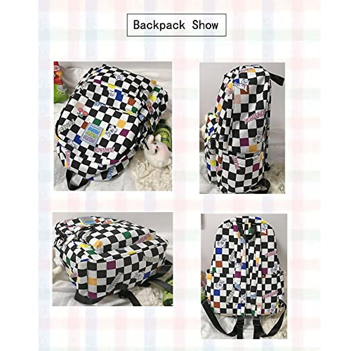 Nouflux Kawaii Backpack for Girls School Cute Backpack with Doll Checkerboard Backpack Teen Girls(Black)