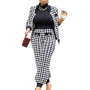 SOMTHRON Women’s Houndstooth Print 2 Piece Outfit Zip Up Long Sleeve Jacket Elastic High Waist Long Pants Set Work Suits Tracksuit BL-L