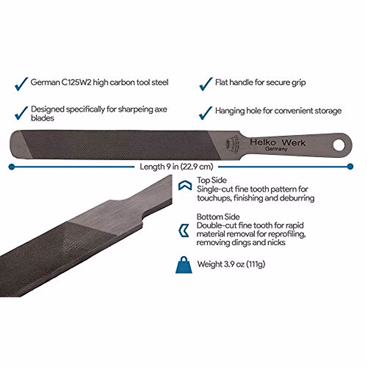 1844 Helko Werk Germany Dual Sided Axe Sharpening File - Axe Sharpener Metal File single-cut and cross-cut hand file (Compact File #22101)