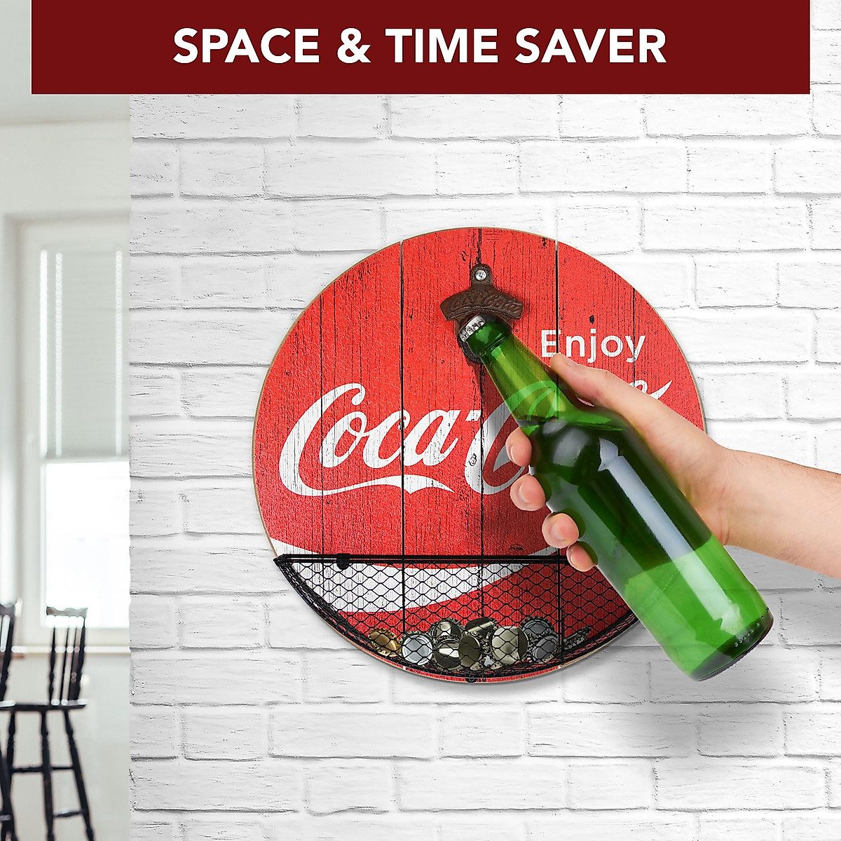 American Art Decor Bottle Opener & Cap Catcher - Wall-Mounted Wooden Beer Cap Collector - Room Decor Accessories for Bar, Man Cave, Garage, Game Room & More (Coca-Cola)