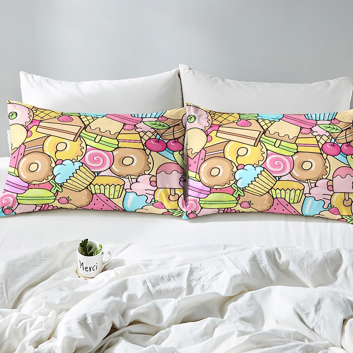 Feelyou Cartoon Ice Cream Duvet Cover Donut Cupcake Bedding Set for Kids Boys Girls Delicious Desert Comforter Cover Girls Sweets Bed Set 1 Duvet Cover with 1 Pillowcase Twin Size (No Comforter)