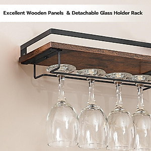 HOOBRO Wall Mounted Wine Rack 3 Pack, Wine Shelf Hanging Floating Wall Shelves, Wine Glass Bottle Rack Stemware Holder, for Living Room, Dining Room, Kitchen, Rustic Brown and Black BF34BJ01