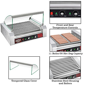 11 Roller Hot Dog Machine with Tempered Glass Cover – Countertop Hot Dog Roller Makes Up to 30 Hotdogs, Brats, or Sausages by Great Northern Popcorn