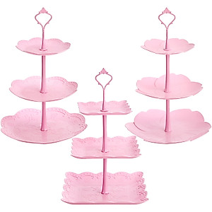 Tosnail 3 Pack 3 Tiers Plastic Cupcake Stand Dessert Stand Tiered Serving Trays with Pink Rod Candy Pastry Holders for Baby Shower, Wedding and Party - Pink Rod