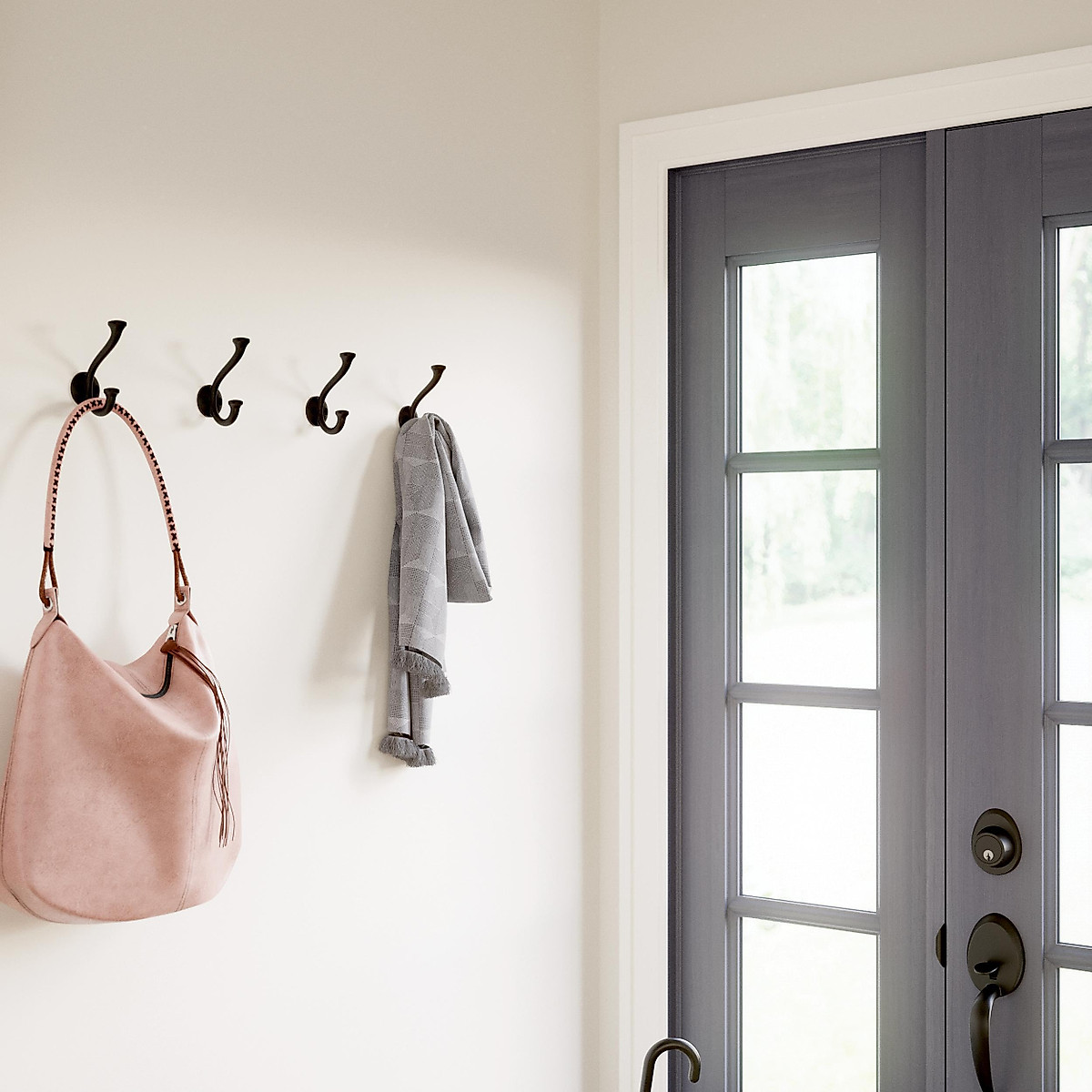 Franklin Brass Casual Farmhouse (5-Pack) Coat and Hat Wall Hooks Double Hooks for Hanging Matte Black Wall Mount Hanger Backpack, Purse, Bag, Towel Organization Decorative Wall Hooks B46707K-FB-C