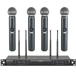 Phenyx Pro Wireless Microphone System, Quad Channel Wireless Mic, w/ 4x40 Channels, 4 Handheld Dynamic Microphones,Auto Scan, Long Distance 328ft, Microphone for Singing, Church, Karaoke (PTU-7000A)