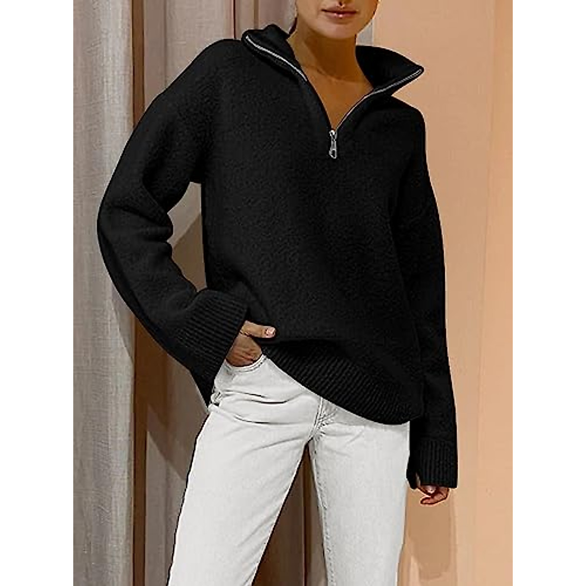 LILLUSORY Women's Black Oversized Quarter Half Zip Up Pullover Sweaters 2023 Fall Cashmere Fuzzy Knit Chunky Warm Light Lightweight Trendy Clothes Outfits