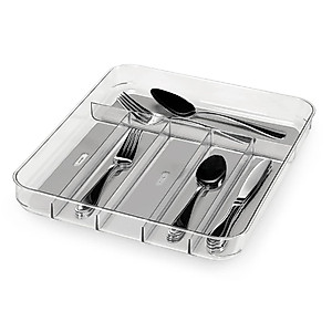 madesmart Antimicrobial Clear Soft Grip Large Silverware Tray, Non-Slip Kitchen Drawer Organizer, 6 Compartments, Multi-Purpose Home Organization, EPA Certified, Light Grey