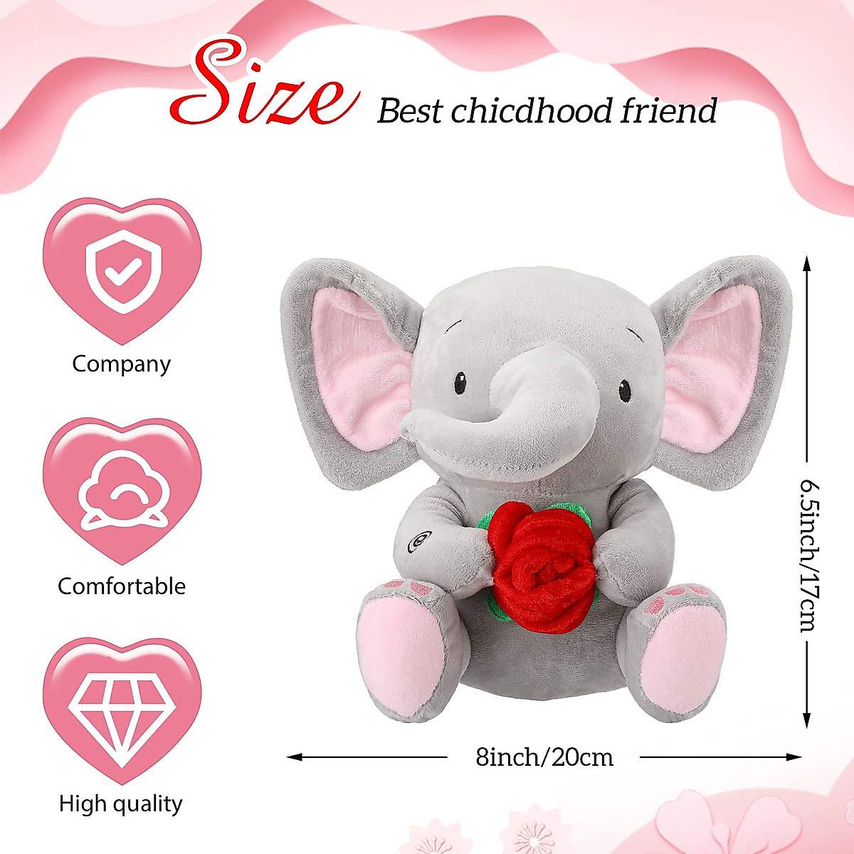 2 Pcs Elephant Stuffed Animal with Rose Soft Plush Elephant Animal Toy for Valentines Day Gifts Women Men Girl Boy Baby Shower Birthday Party Favors, 8 Inches