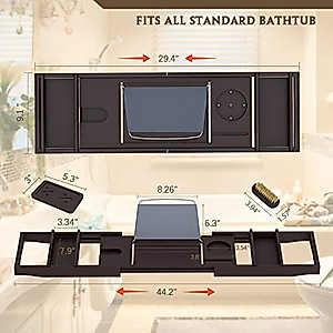 Bathtub Caddy Tray for Luxury Bath - Bamboo Waterproof Expandable Bath Table Over Tub with Wine and Book Holder and Free Soap Dish (Brown)