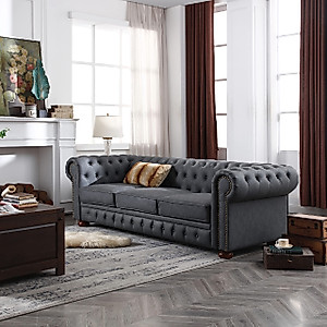 YuiHome Classic Chesterfield Sofa Leather, Modern PU Tufted Couch 3 Seater with Rolled Arms and Nailhead for Living Room, Bedroom, Office, Apartment,Dark Grey