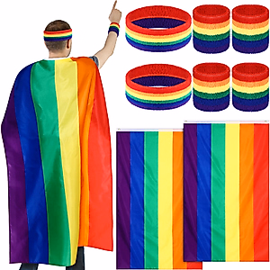 Halloween Costume Set Gay Pride Rainbow Set, Rainbow Pride Cape Pride Flag Rainbow Striped Sweatband Headband Wristbands for LGBT Gay Holiday Party Celebration