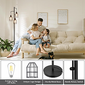Sucolite 69in Dimmable Floor Lamp for Living Room, Industrial 3-Light Tree Floor Lamp Black with Cages, Farmhouse Rustic Tall Standing Lamp Floor Lighting for Bedroom Office, 3 Free LED Edison Bulbs