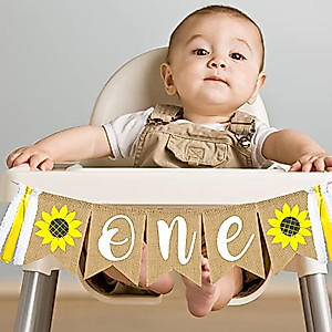 Doumeny Jute Burlap One Banner with Sunflower One HighChair Banner Boy Girl 1st/First Birthday Bunting Banner Baby Shower Party Banner Sunflower Tassel Ribbon Garland Banner for Party Photo Prop Decor