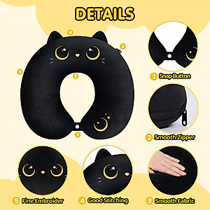 Kids Travel Pillow, 2 in 1 Deformable Kids Neck Pillow with U-Shaped Pillow & Cute Black Cat Animal Reversible Plush Toy for Airplane, Car, Train