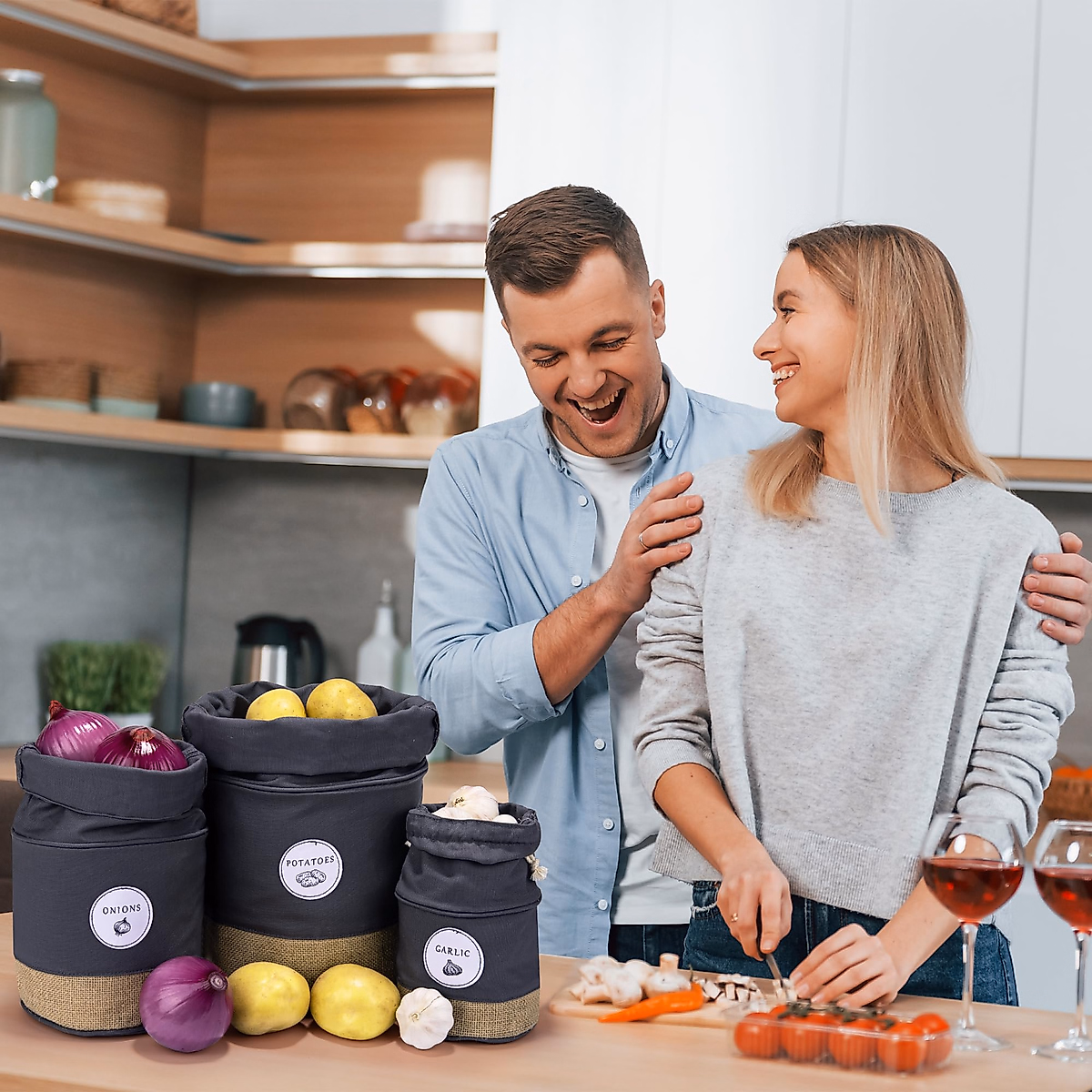 MERAKI HOME Potato Onion Garlic Storage Containers - Farmhouse Kitchen Storage Organization Pots - Sustainable Jute Cotton Vegetable Baskets Bins - Drawstring Holder