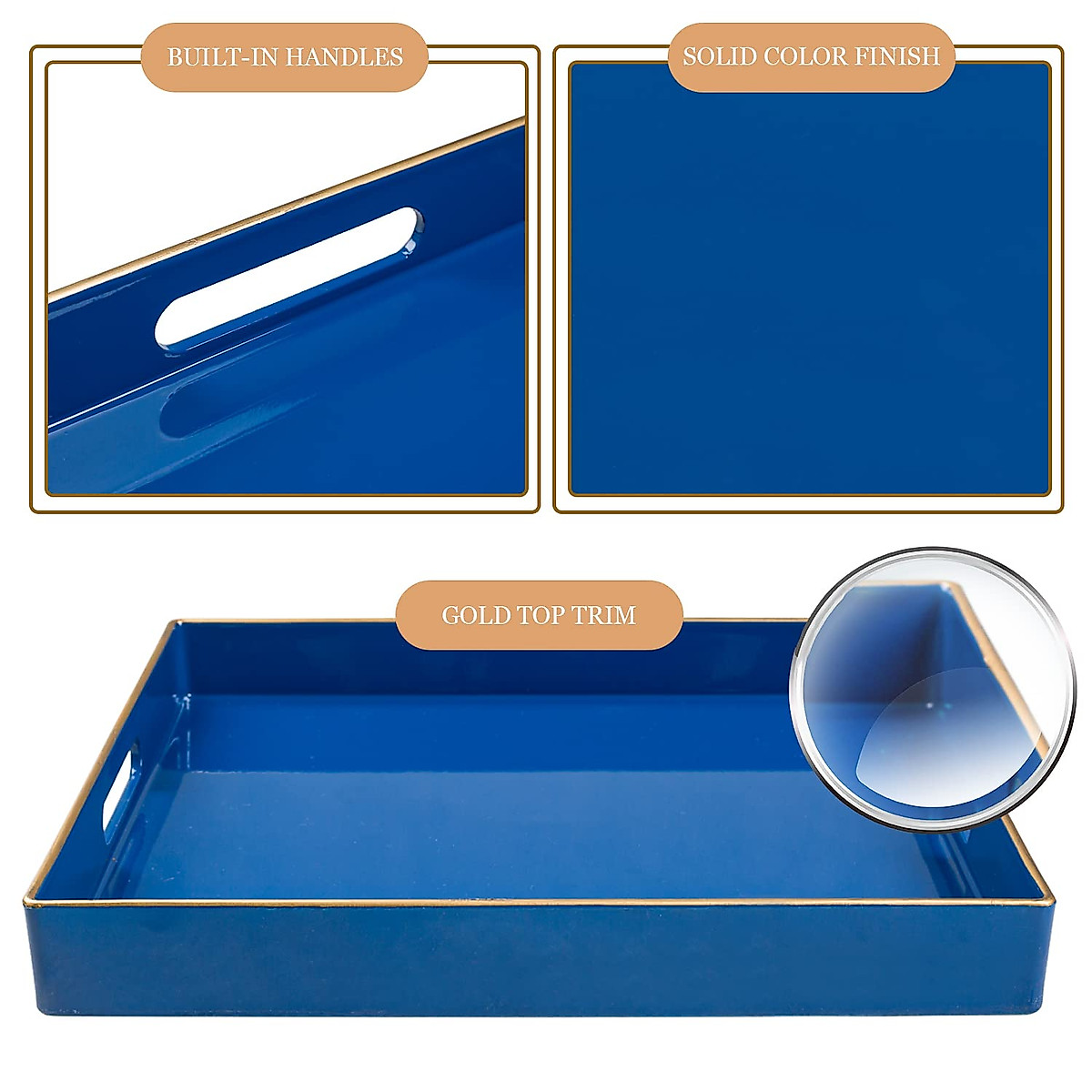 MAONAME Decorative Tray, Royal Blue Serving Tray with Handles, Coffee Table Tray, Square Plastic Tray for Ottoman, Bathroom, Kitchen, 13"x13"x1.57"