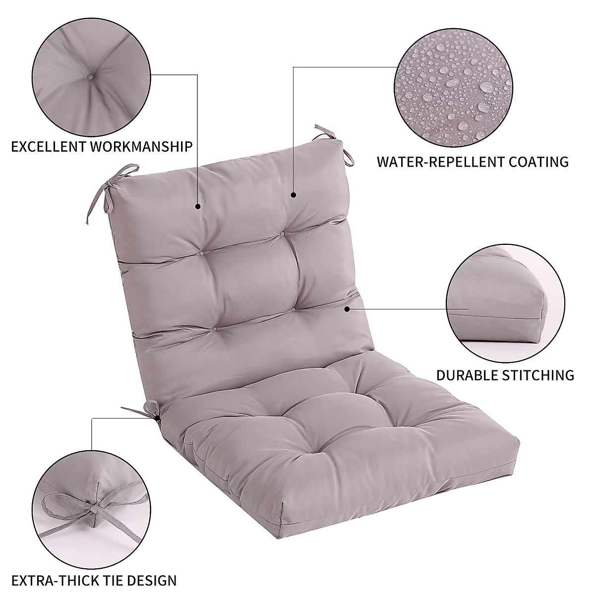 Tiita Outdoor/Indoor Seat/Back Chair Cushion with Ties All Weather Chair Cushion Lounge Chair Cushions Deep Seat Patio Cushions Wicker Seat Cushion for Outdoor Furniture （Grey, 42x21 inch）