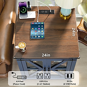 Joaxswe Farmhouse End Table with Charging Station, 24" Large Sofa Side Table with Glass Barn Door, Blue Nightstand with Adjustable Storage Shelf,Wood Square Bedside Table for Living Room,Bedroom