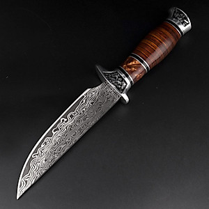 Link Knife 11 Inch Manual Damascus Hunting Knife with Wooden Handle, Men's Fixed Blade Survival Knife with Leather Sheath