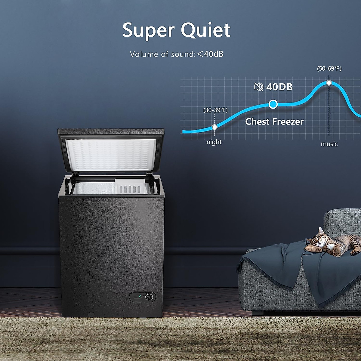 R.W.FLAME Chest Freezer 3.5 Cubic Feet with 2 Removable Baskets and Defrost Water Drain, Deep Freezer, Adjustable Temperature, Energy Saving, Top Open Door Compact Freezer (3.5 Cubic Feet, Black)