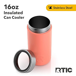 RTIC Craft Can Cooler Insulated, Beer, Beverage, Bottle, Soda Can Cooler with Lid, Stainless Steel Metal, Double Wall Insulation Coozie for Cans, Sweat Proof, Coral, 16 oz