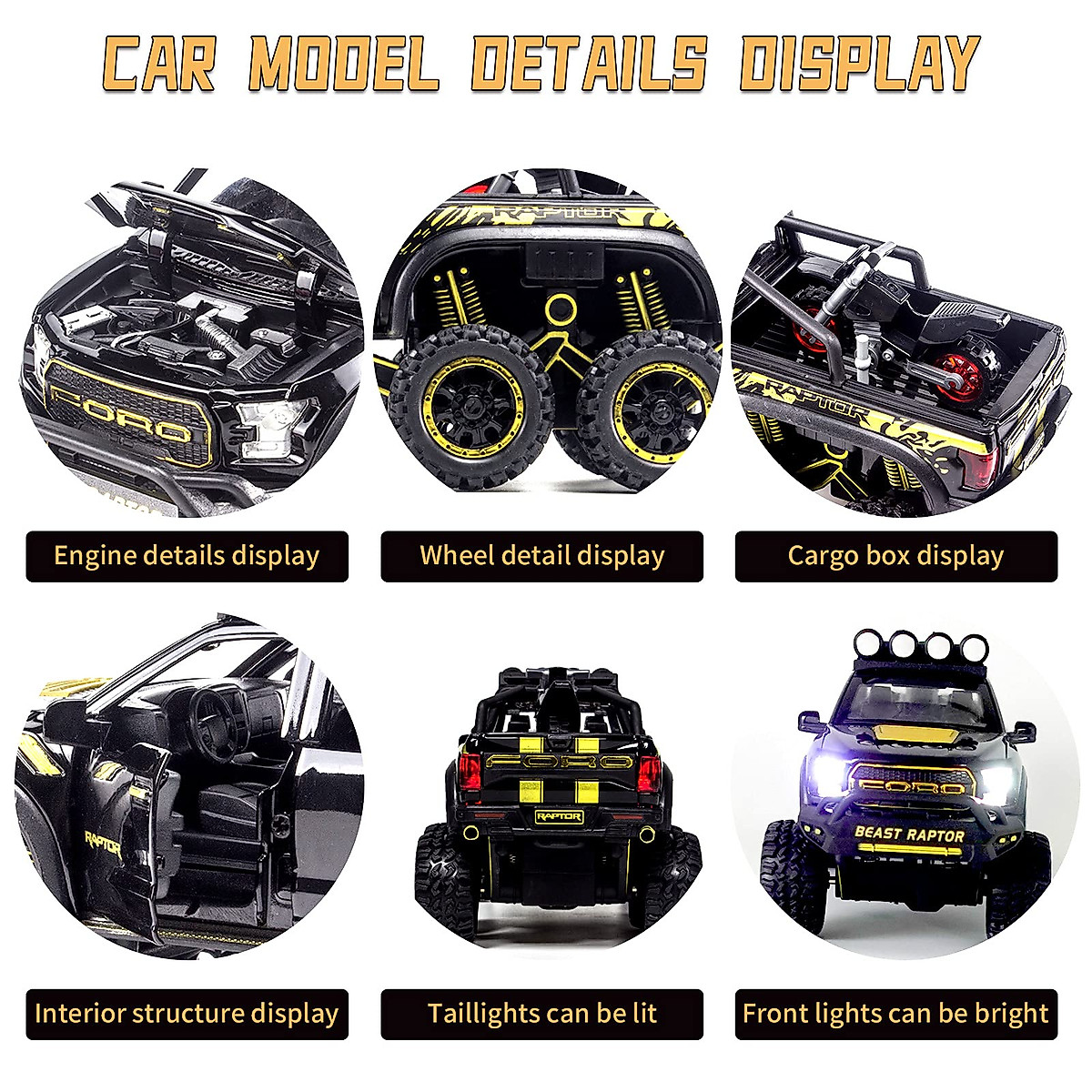 Monster Trucks for Boys - 1/24 Scale Die-Cast Metal Toy Car F150 with Sound and Light,Pickup Truck and Trailer Cars Toy Cars for 3+ Year Old Boys (Black)