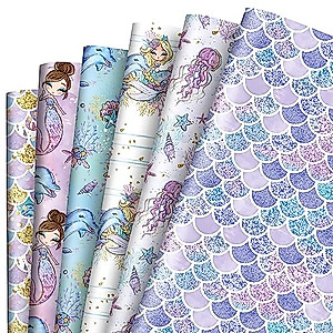 AnyDesign 12 Sheet Mermaid Wrapping Paper Purple Blue Mermaid Dolphin Jellyfish Gift Wrap Paper Bulk 6 Design Mermaid Art Paper for Birthday Baby Shower Birthday DIY Crafts Gift Packing, Folded Flat