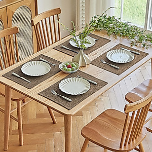 Softalker Faux Linen Placemats Set of 6-12 x 18 Inch, Heat Resistant Double Layered Durable Burlap Farmhouse Place Mats, Non-Slip Washable Rustic Table Mats for Dining, Kitchen, Party（Brown