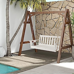 Tangkula 2 Person Hanging Porch Swing, Outdoor Bench Swing with Adjustable Chains, Hidden Cup Holders, HDPE Tree Swing Chair for Patio Backyard Deck Garden, 54 Inch (White)