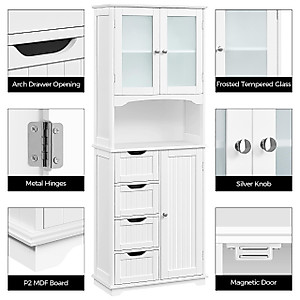 Topeakmart 65.5″ Tall Storage Cabinet Kitchen Cupboard with Glass Door Freestanding Floor Cabinet with Open Compartment, Drawer, Adjustable Shelf for Bathroom, Kitchen, Living Room