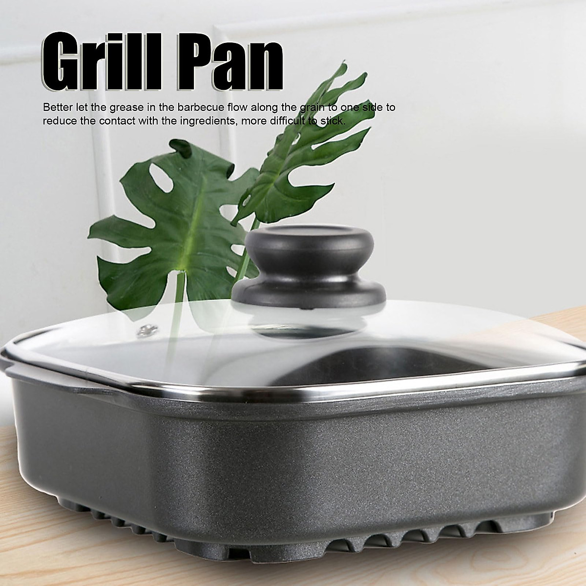 Shipenophy Grill Pan, Cast Aluminum Open Fire Heating Anti Scalding Handle Practical Uniform Heating Non Stick Multifunctional Grill Pan with Lid for Outdoor