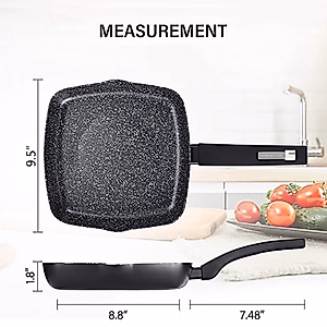 KOCH SYSTEME CS 9.5 Inch Nonstick Grill Pan for Stove Tops, Marble Coating Square Grill Skillet with Lid, Fry Pan Compatible with all Stoves, Ultimate Nonstick Skillet with Bakelite Handle, Toxic-Free