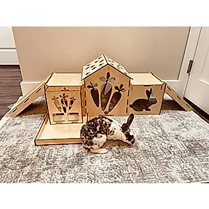 Indoor Bunny Rabbit Castle, Hideout and Wooden House Playset with Ramps, Hay Feeder & Waste Tray