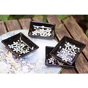 Cinf Ceramic Japanese Cherry Blossom Salad Sauce Rectangular Sushi Dish Set of 4 Plates Black Snack Bowls Appetizer Seasoning Serving for Kitchen Home