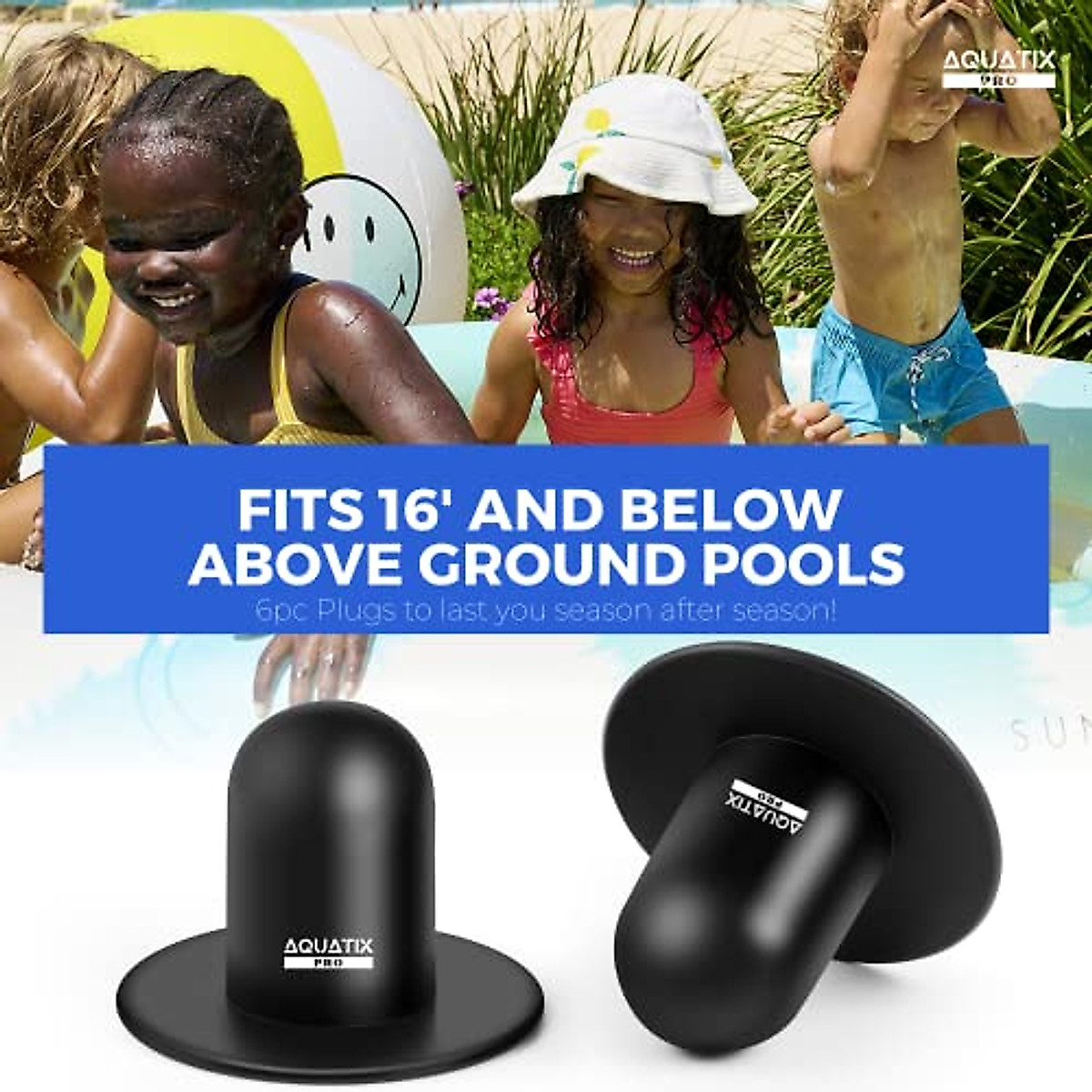 Aquatix Pro Pool Plugs 6pc Fits Intex, Bestway, Coleman & Summer Escape Above Ground Swimming Pools, Replacement Wall Plugs, Strainer Hole Plug, Filter Pump Water Stopper, Durable Drainer Plugs Black