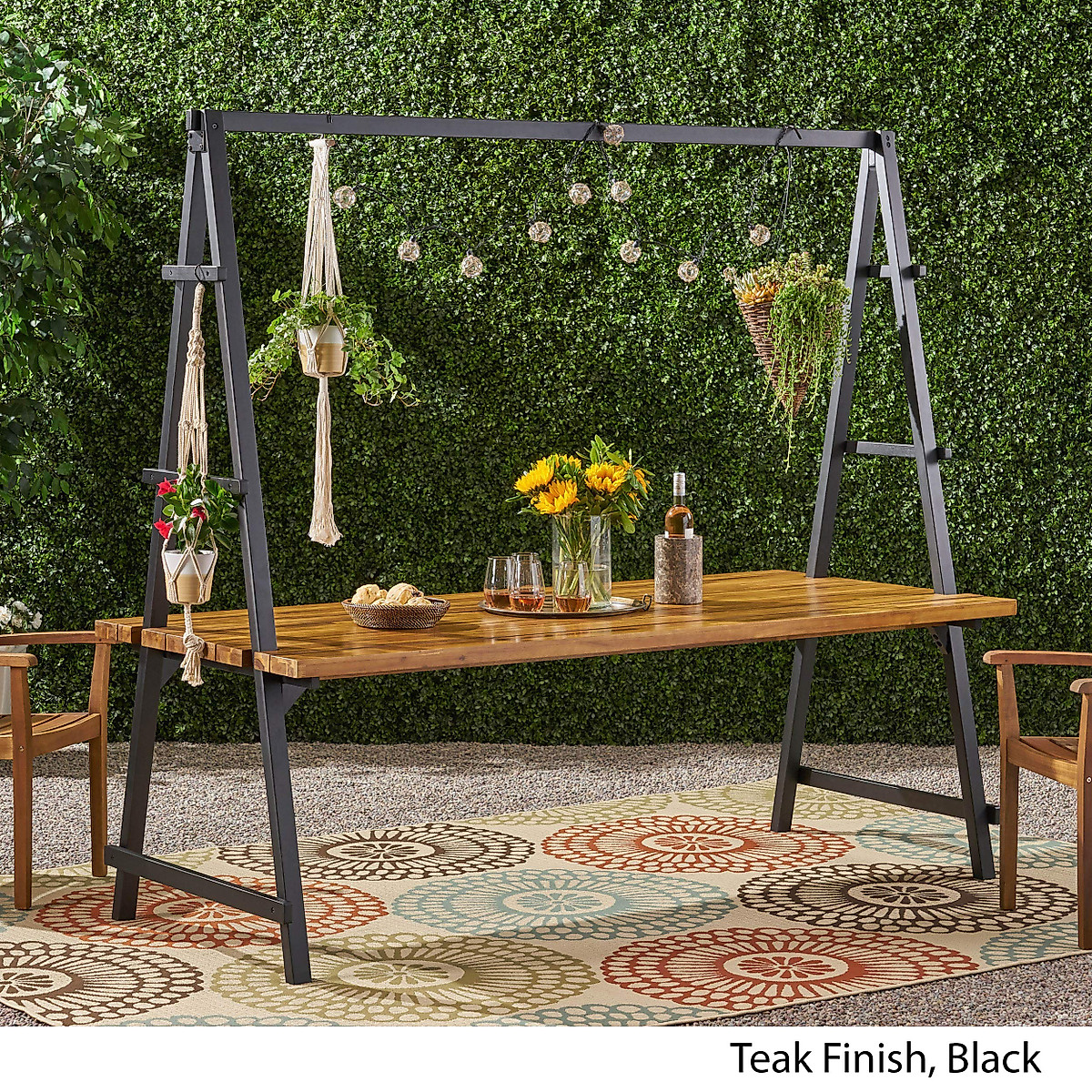 GDFStudio Outdoor Acacia Wood 88.5" Dining Table with Iron Plant Hanger, Finish and Black