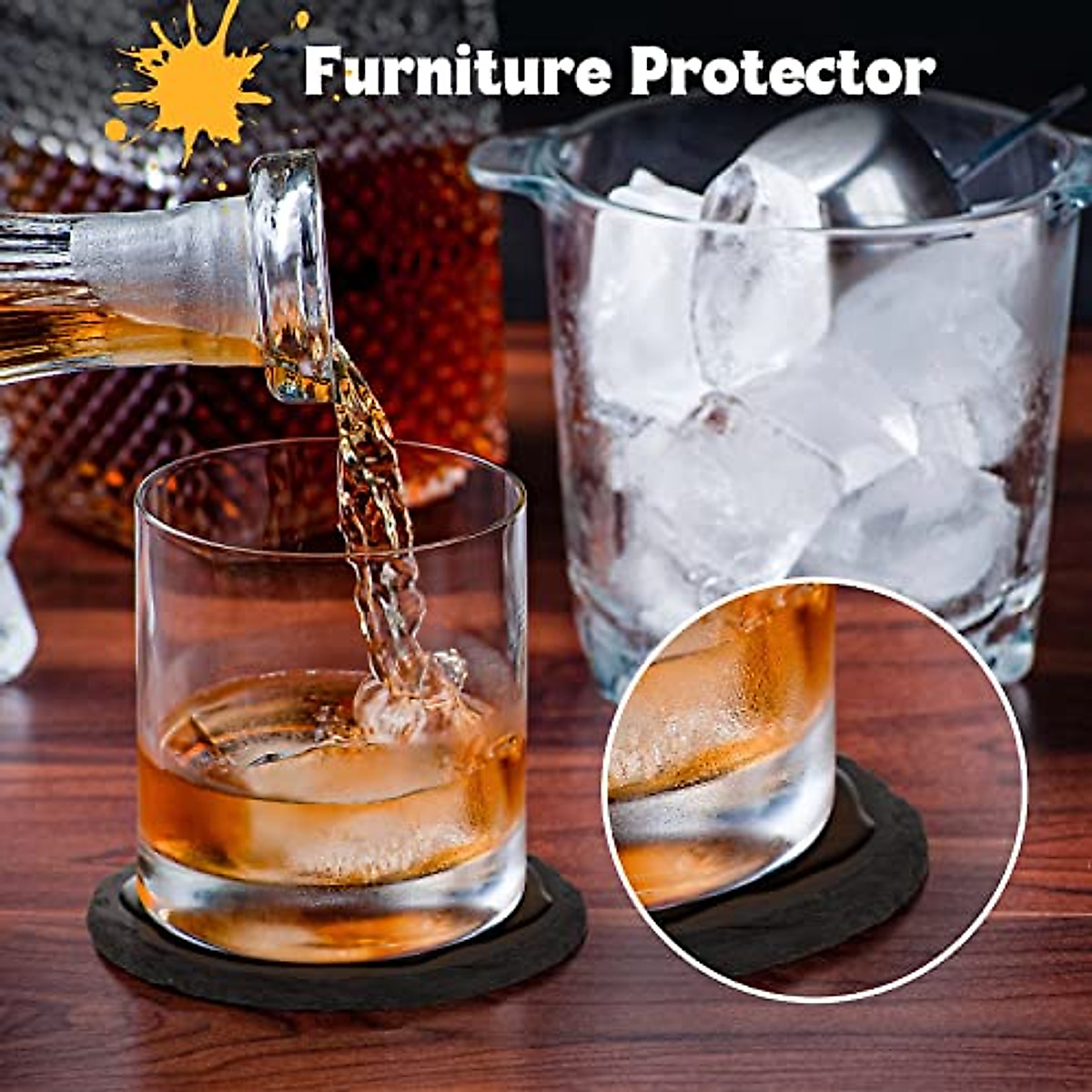 Black Slate Coasters for Drinks - Set of 6 - Anti-Scratch Drink Coasters with Holder - Natural Stone Coasters Bulk, Unique DIY Crafts - Cup Coaster Set for Home Decor, Bar, Coffee, Table